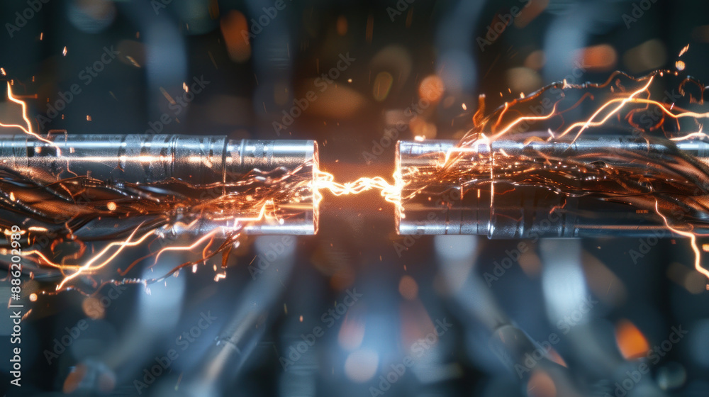 Electric current flows between two copper cables causing a discharge ...