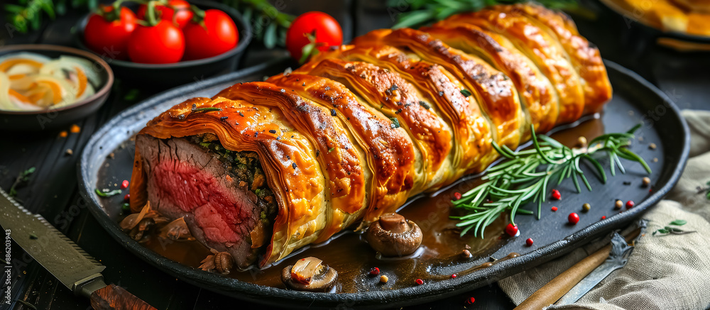 Beef Wellington, is a French dish featuring beef tenderloin wrapped in ...
