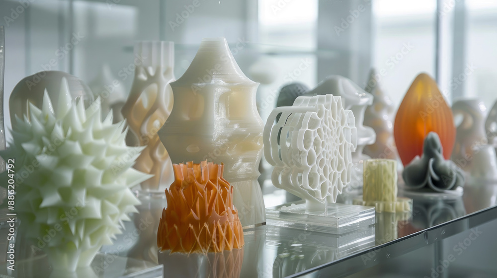 Printed objects from a 3D printer, created by hardening liquid resins ...