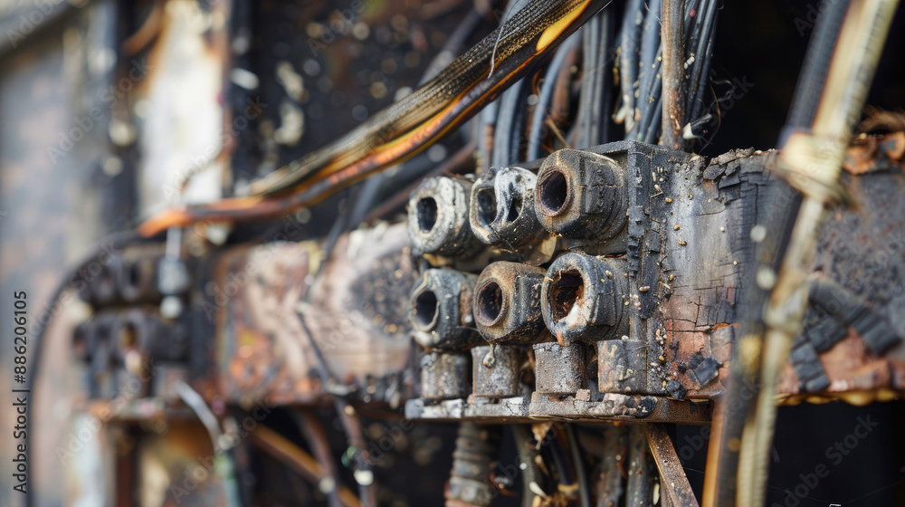 Short circuit fire caused damaged electrical wiring. The cable wires ...