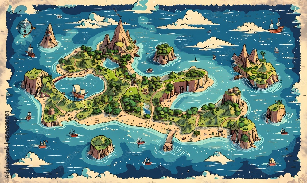 Artistic cartoon map of an archipelago with sandy beaches, secret caves ...