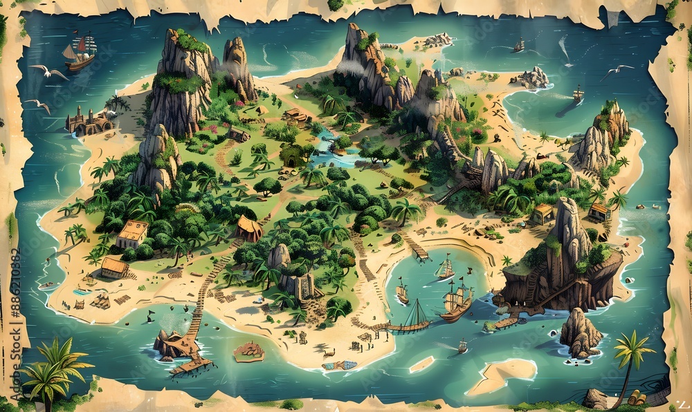 Artistic cartoon map of an archipelago with sandy beaches, secret caves ...