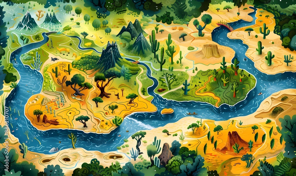 Artistic cartoon map of an archipelago with sandy beaches, secret caves ...