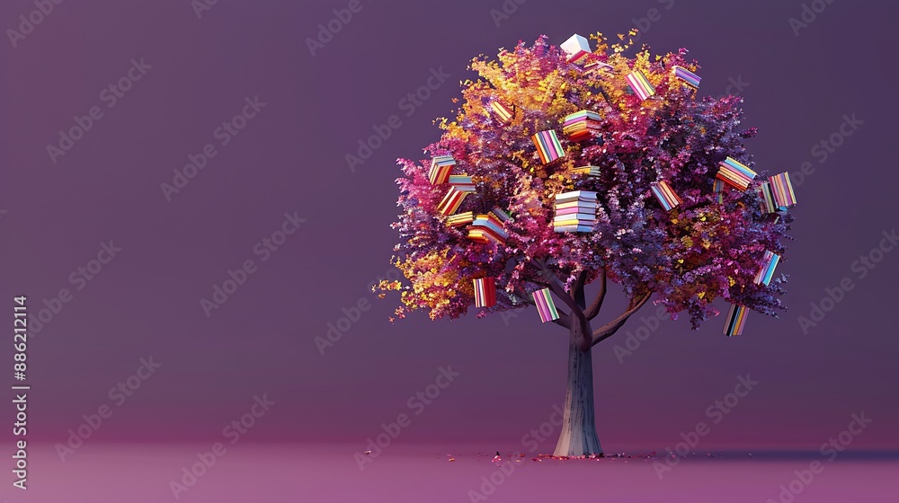 3D tree with books as leaves each one detailed and colorful standing ...