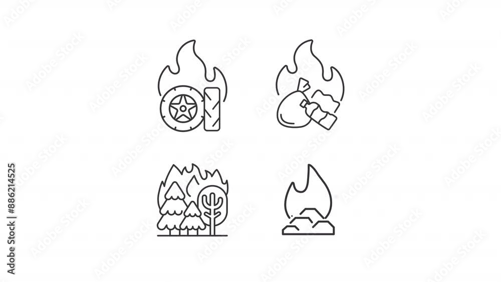 Animated combustion icons. Burning waste line animation library ...