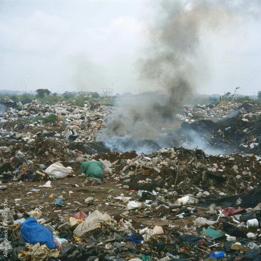 Massive landfill with smoldering garbage and lone scavenger amidst ...