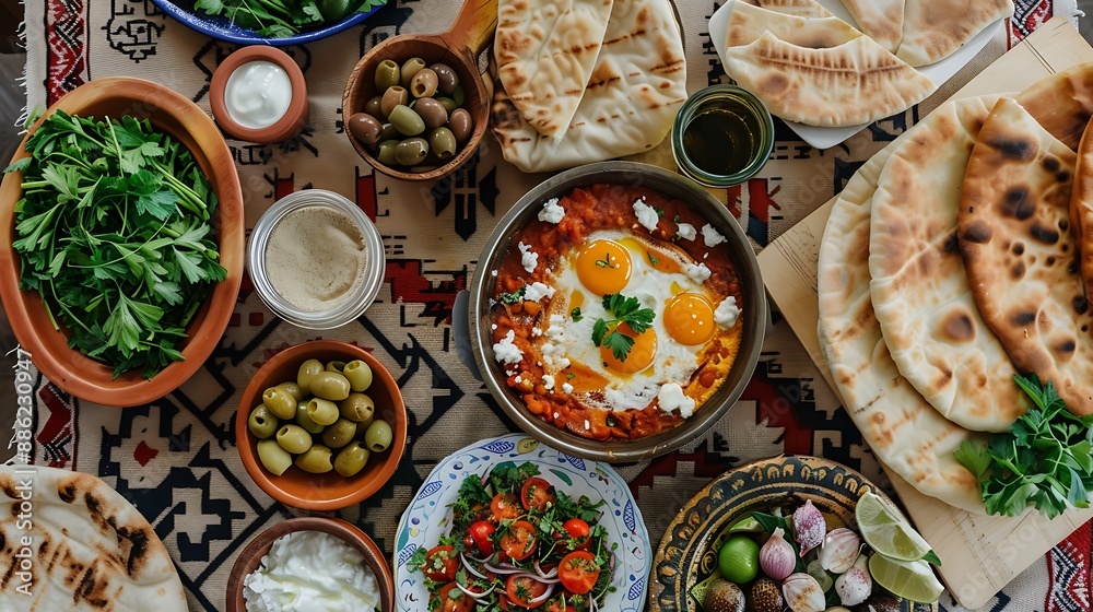 A traditional Arabic breakfast setting of dishes shakshuka labneh ...