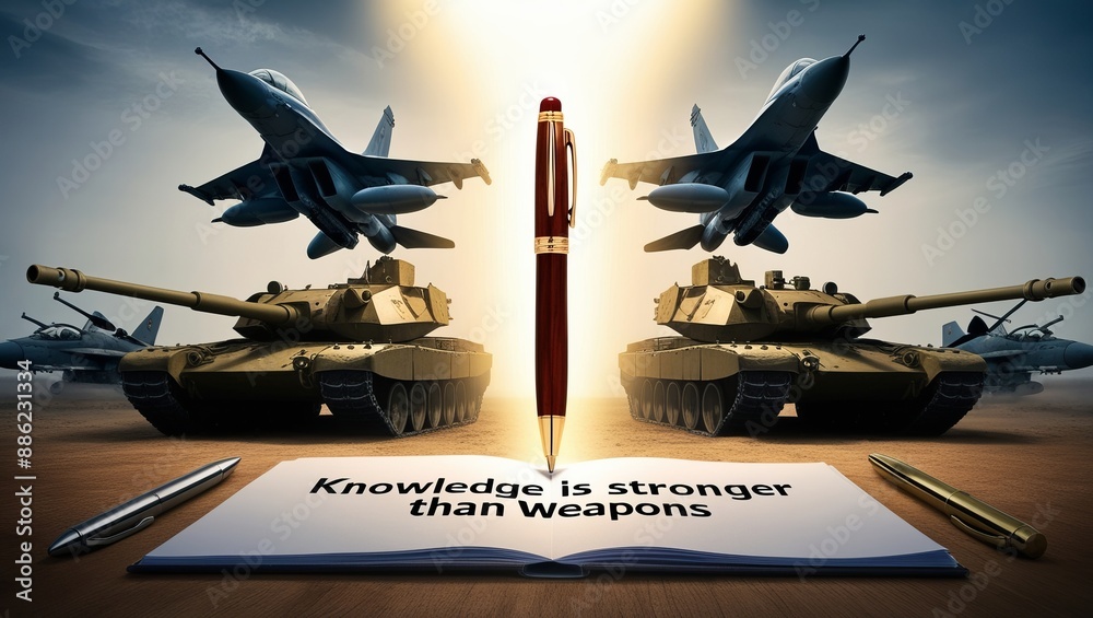 A powerful message of "Knowledge is stronger than weapons" depicted ...