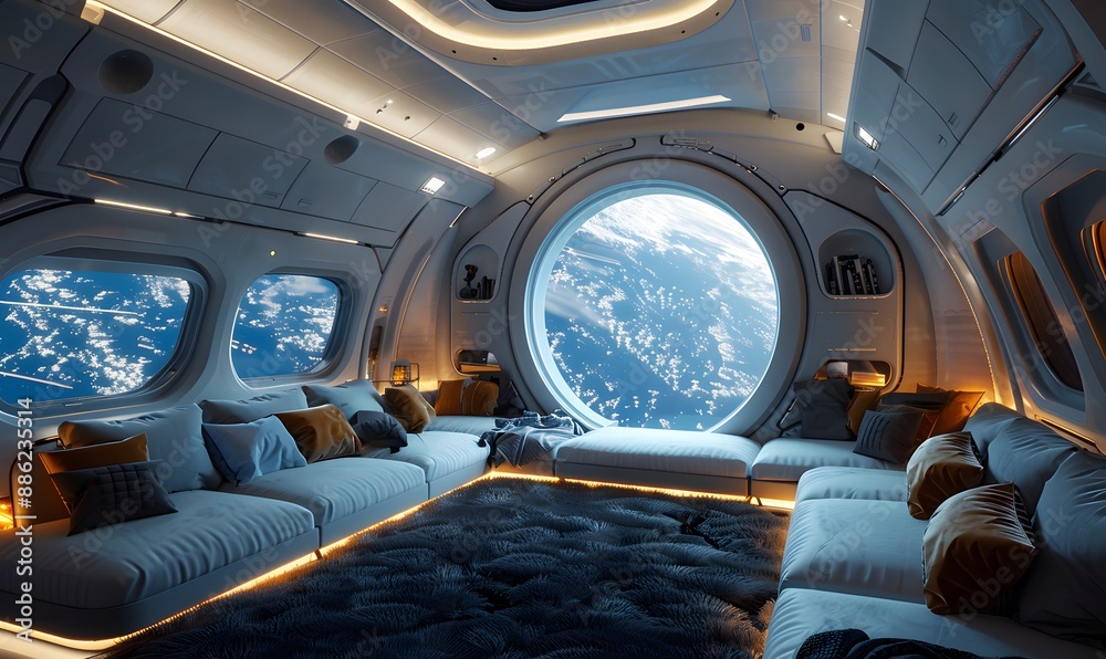 Sci-fi concept of a living room on a space station, featuring zero ...