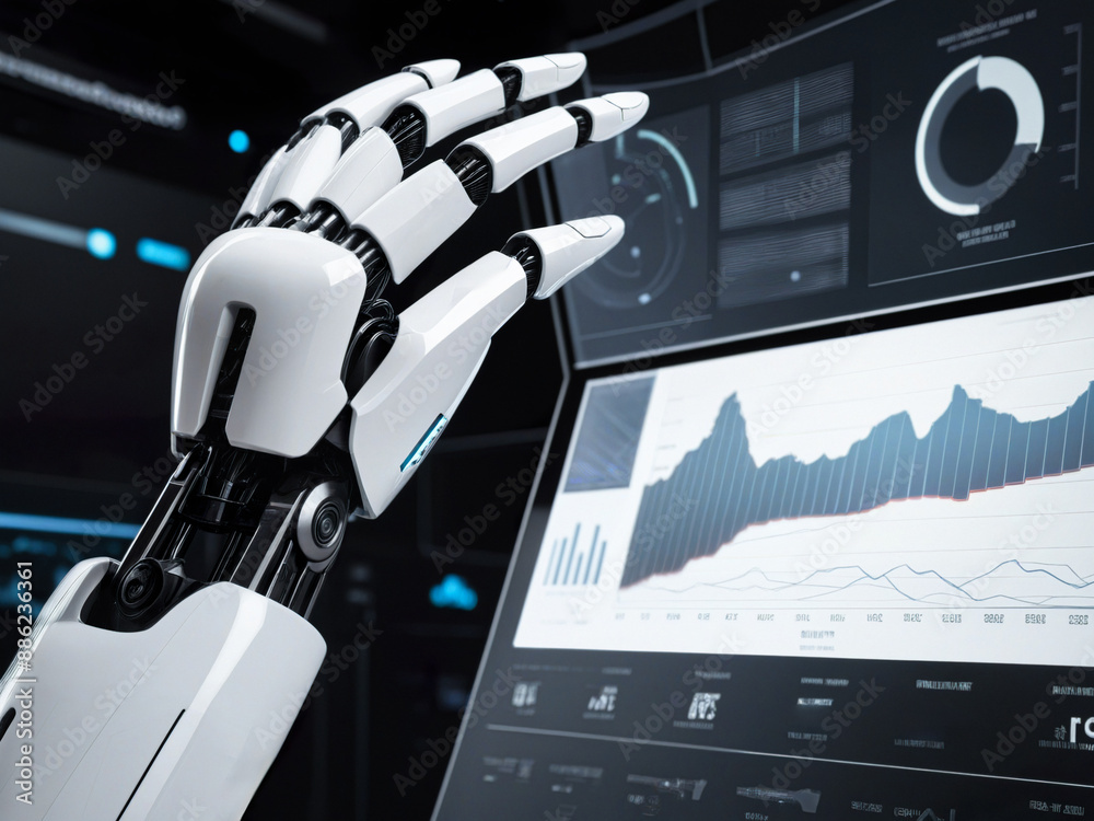 robotic hand points to graph, diagram. artificial intelligence analysis ...