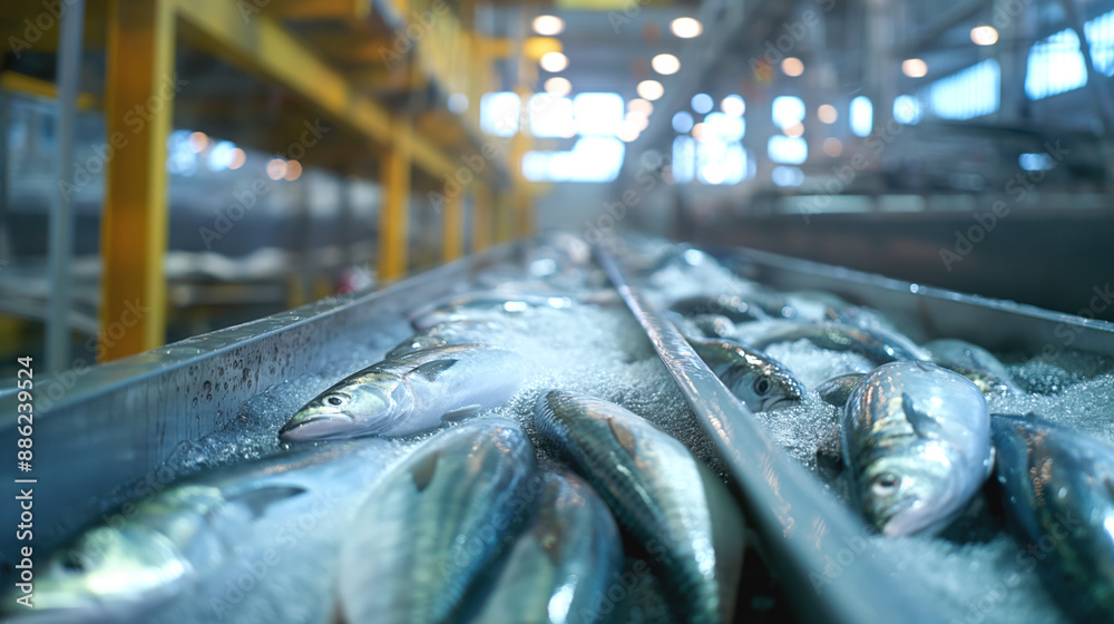 Freshly caught fish on a conveyor belt in a fish processing plant ...