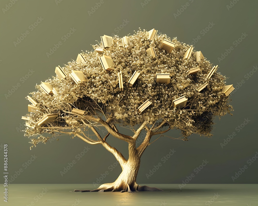 beautiful 3D tree with books as leaves each book radiating knowledge ...
