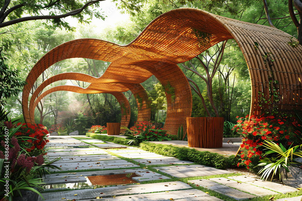 concept design of an outdoor shaded canopy structure made of bamboo and ...