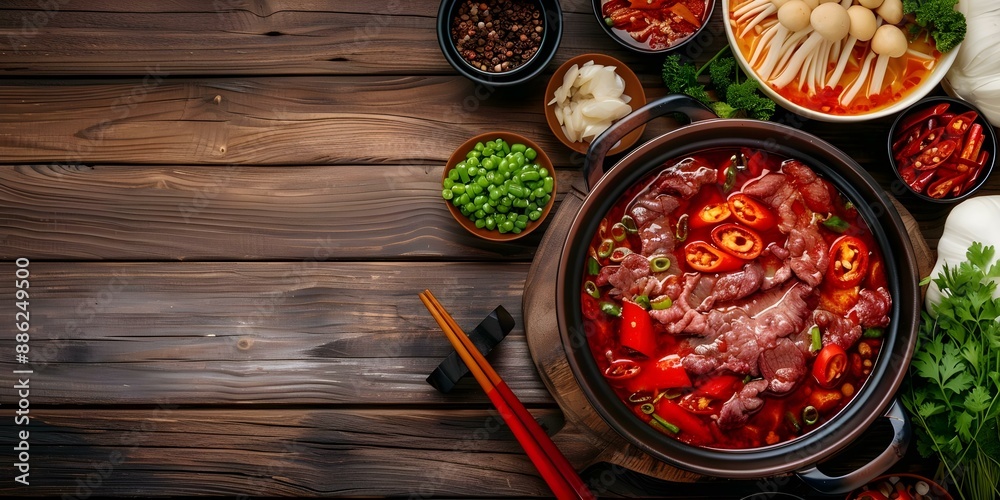 Traditional Chinese Cuisine Sichuan Hot Pot on Wooden Table Top View ...