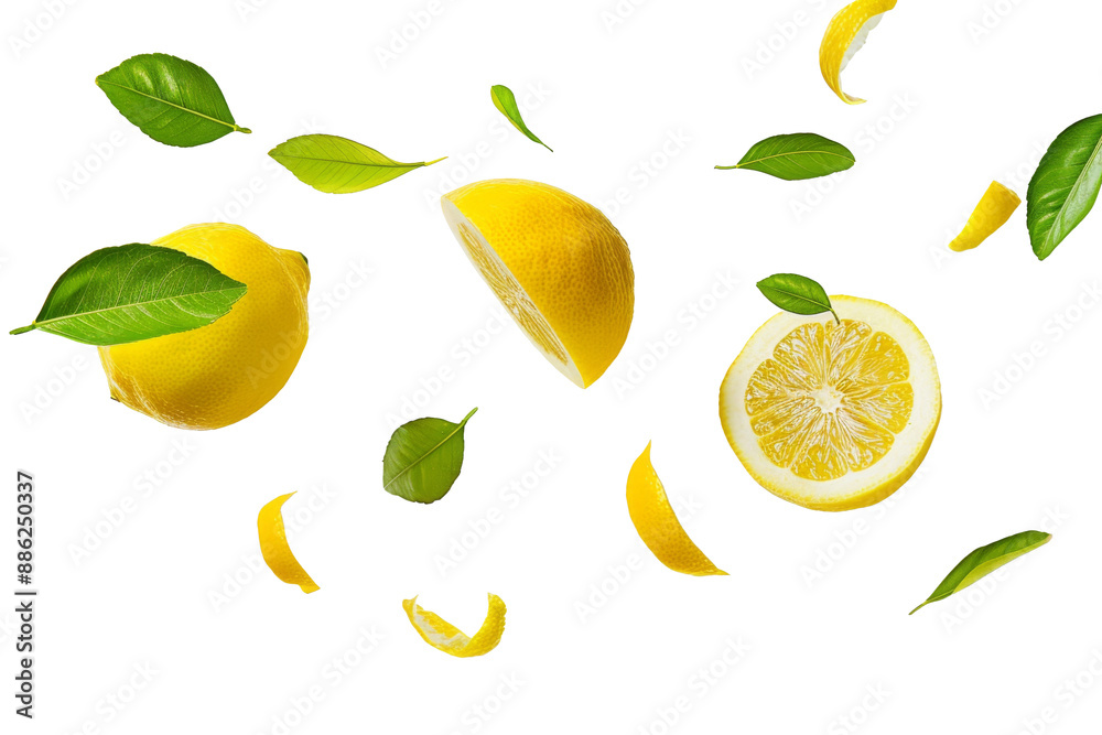 Falling fresh yellow lemons with green leaves isolated on background ...