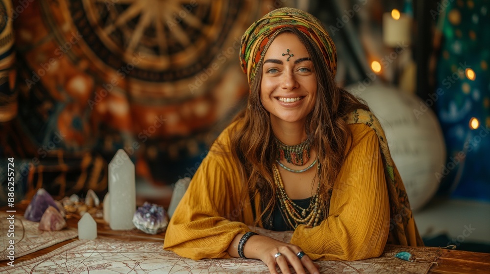 Mystical female astrologer in ethnic attire smiling mysteriously at the ...