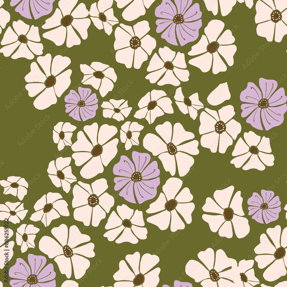 Floral pattern with Lilac and white flowers on dark green background ...