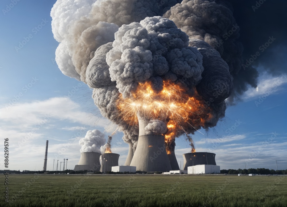 nuclear power plant exploding with a huge mushroom cloud, creating a ...