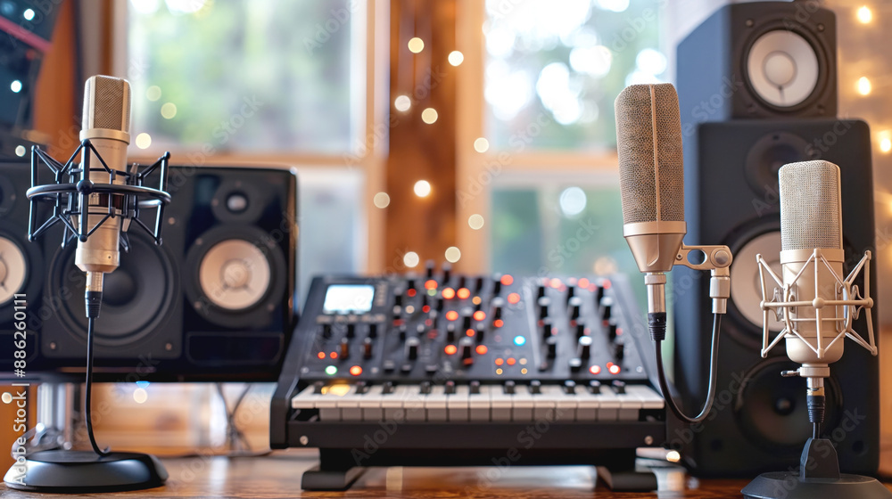 Recording studio setup with condenser microphones, studio monitor ...