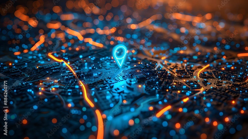 Abstract blue location point icon glowing on a city map, detailed ...