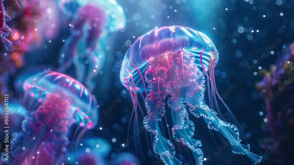 Marine animals Brilliantly colored sea jellies with glowing tentacles ...