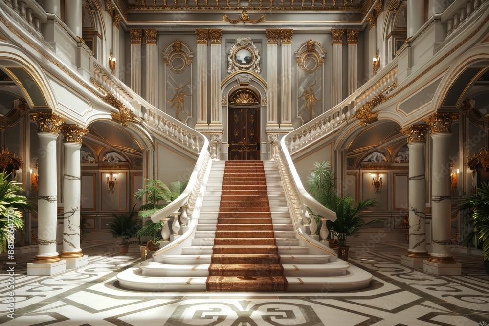 A grand staircase inside a neoclassical building with a vintage clock ...