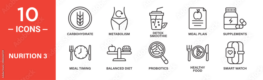 Vetor de Nutrition icon set. Carbohydrate, metabolism, detox smoothie ...