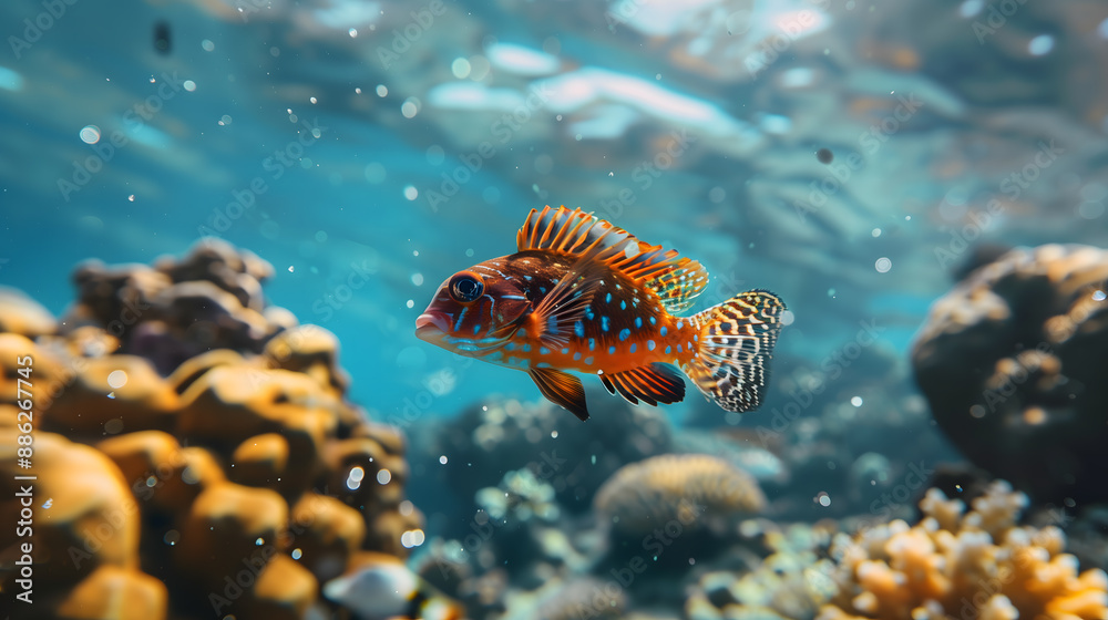 Hawkfish in the ocean Below is a beautiful coral reef. The water was ...