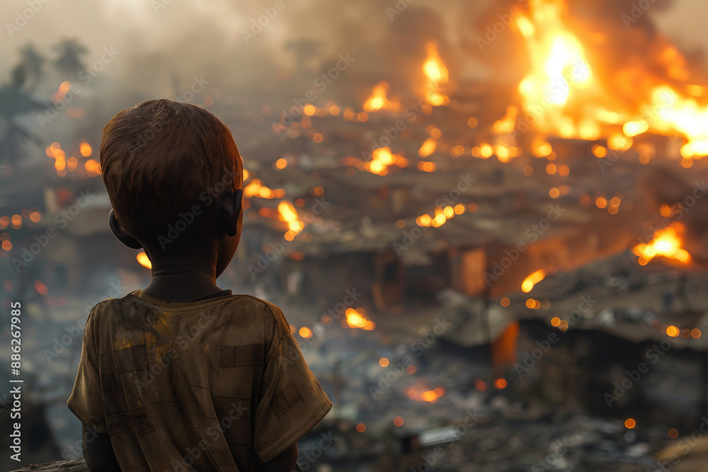 Homeless poor sad child kid in city park ruined town forest lawn all ...