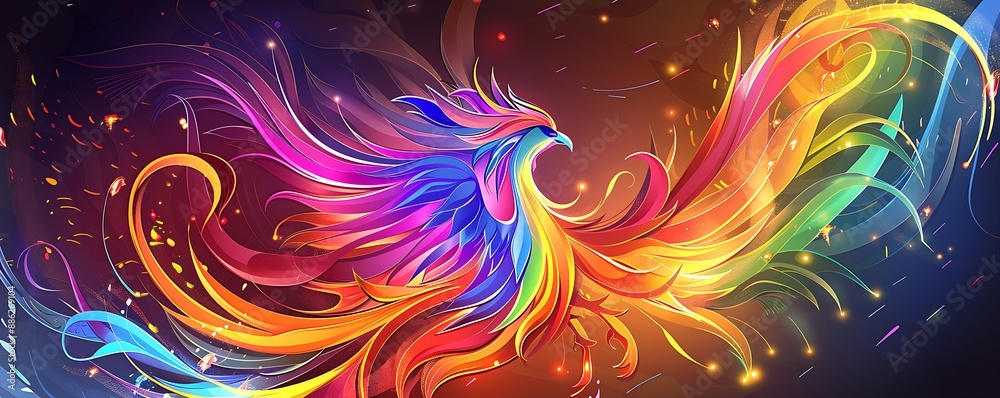 dynamic and vibrant digital illustration of rainbow-colored phoenix ...
