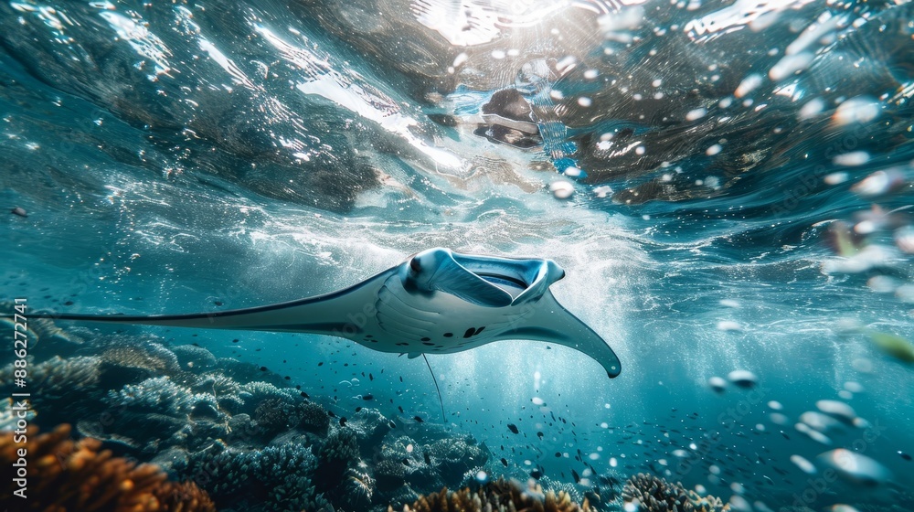 In open water, a giant manta ray performs somersaults while feeding ...