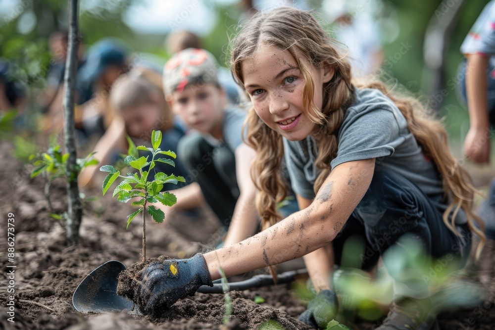 Volunteers planting trees in a community park, with people of all ages ...