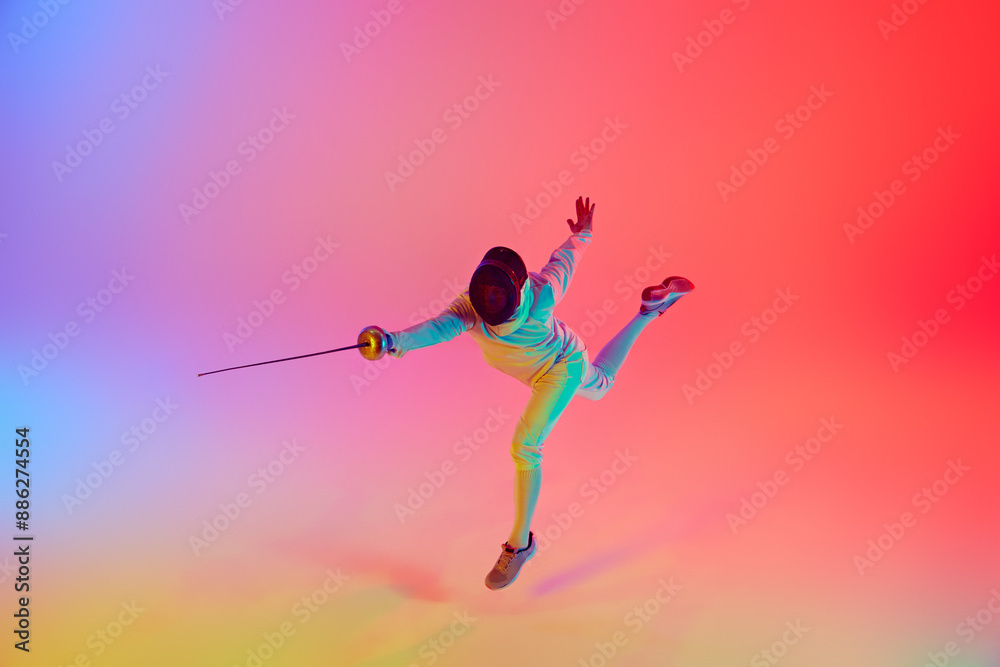 Fencer in mid-lunge, clad in white fencing suit and mask, with their ...