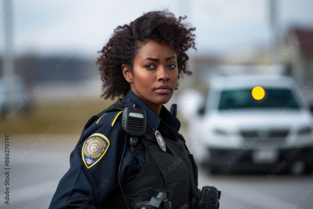Portrait of confident female police officer standing in front of Police ...