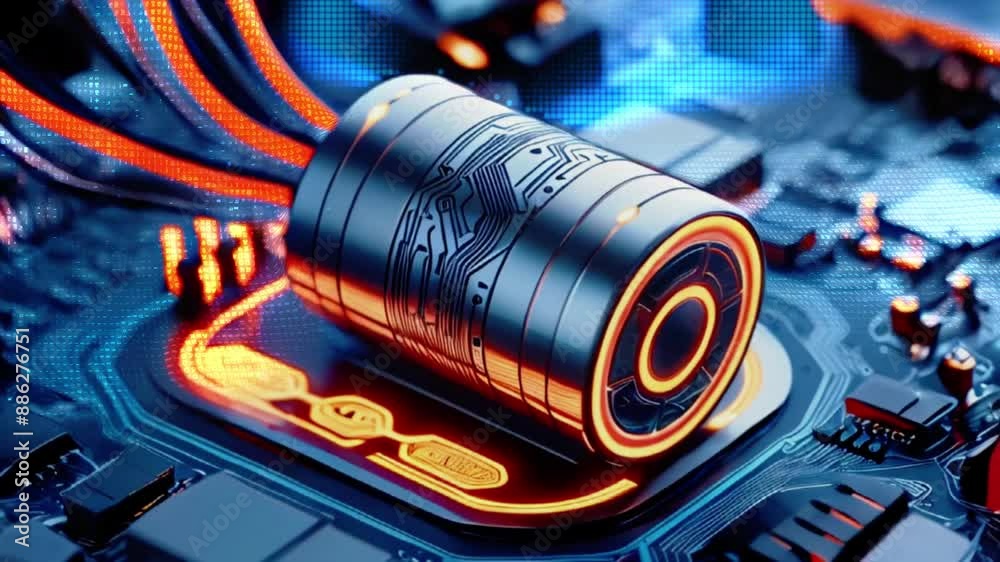 Innovative battery with a sleek metallic finish, glowing orange accents ...