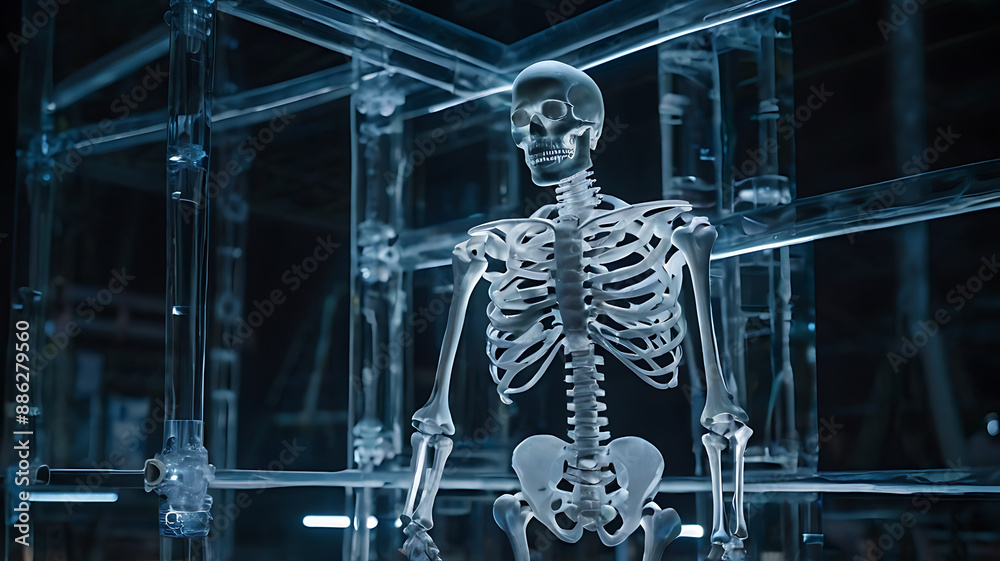 A skeleton structure with futuristic, transparent bones and glowing ...