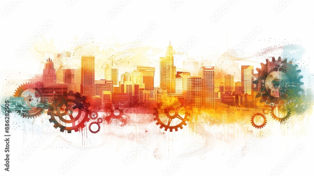 In this representation of a city skyline, technical drawings and gears ...