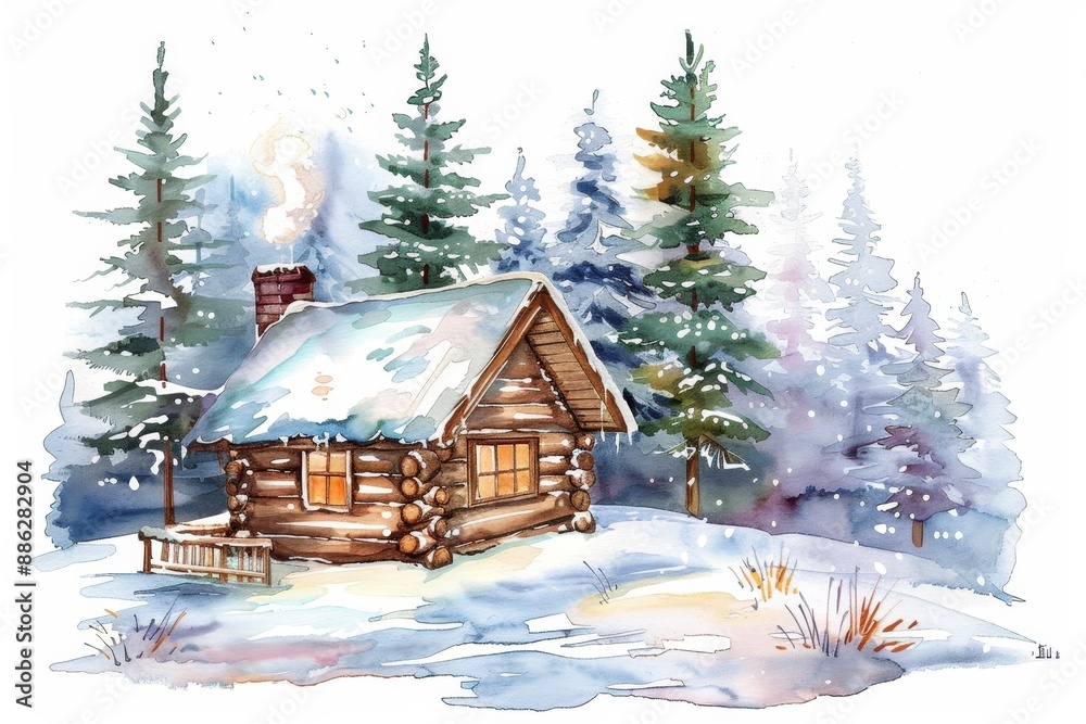 Winter forest with a snow covered log cabin in cute kawaii watercolor ...