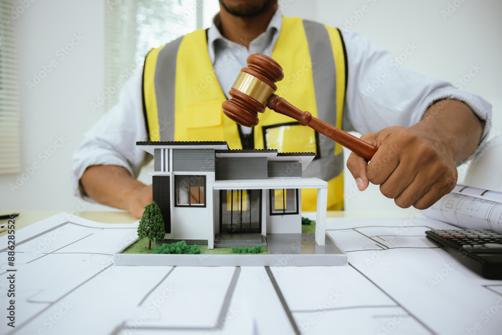 A judge with a gavel presides over a construction safety violation case ...