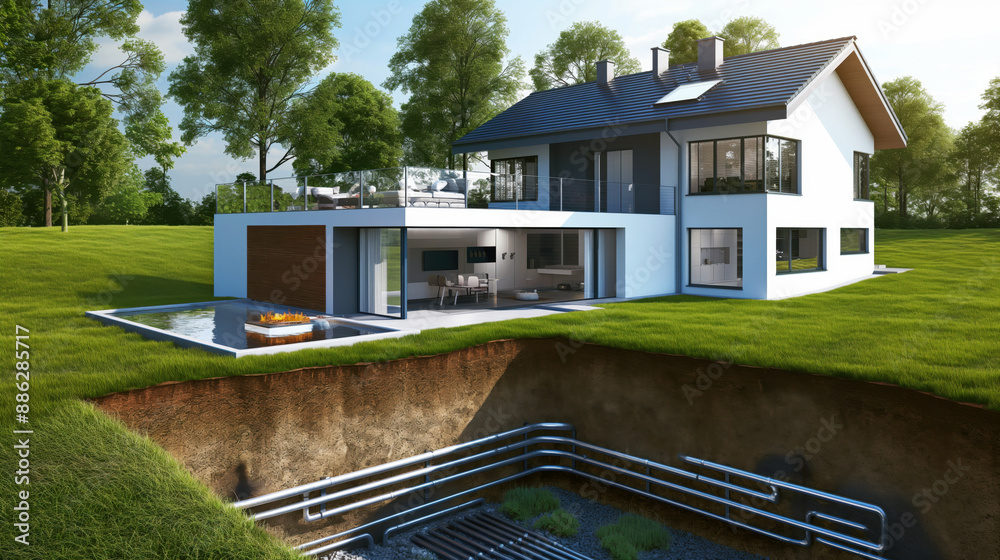 Modern house with swimming pool and patio, showing cutaway view of ...