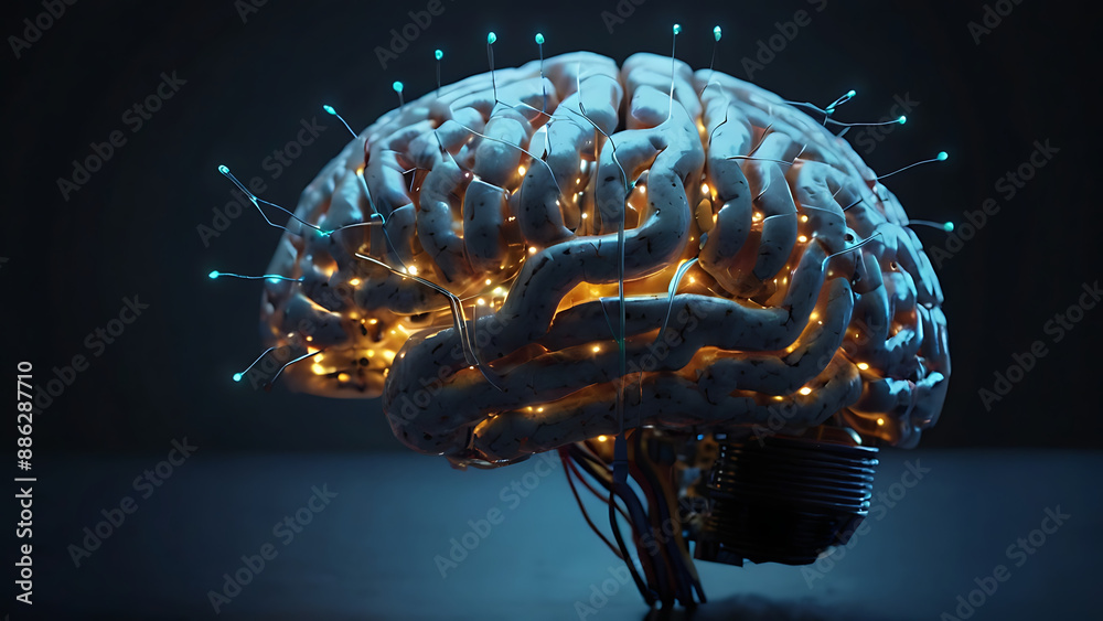 A glowing, digital brain with interconnected circuits and nodes, symbolizing the concept of ...