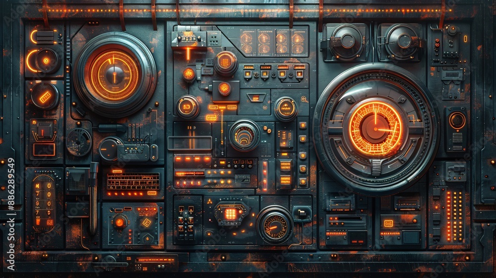 43. Retro-futuristic control panel with gauges and dials measuring ...