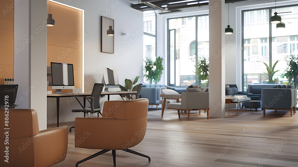 Stylish office interior with meeting and coworking area, relax corner ...