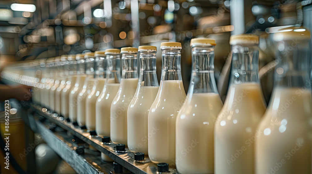 Bottles of fresh milk on a conveyor belt in a dairy factory. Stock ...