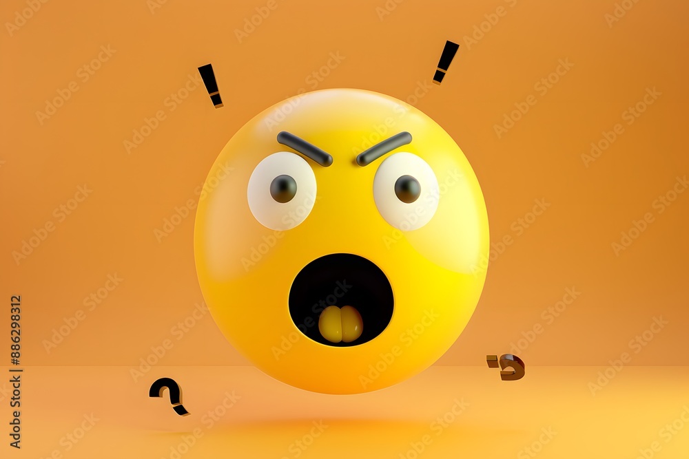 3D rendered shocked emoji with raised eyebrows and open mouth against a ...
