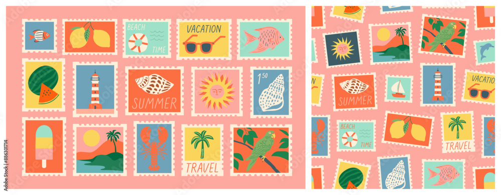 Set of vintage summer post card stamp seamless pattern. Retro style ...