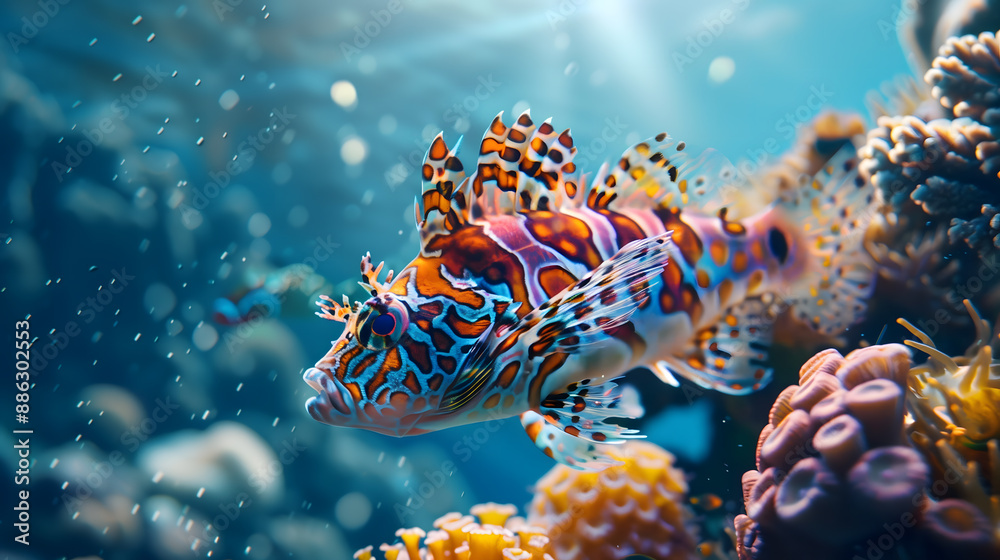 Rhinoceros fish in the ocean Below is a beautiful coral reef. The water ...