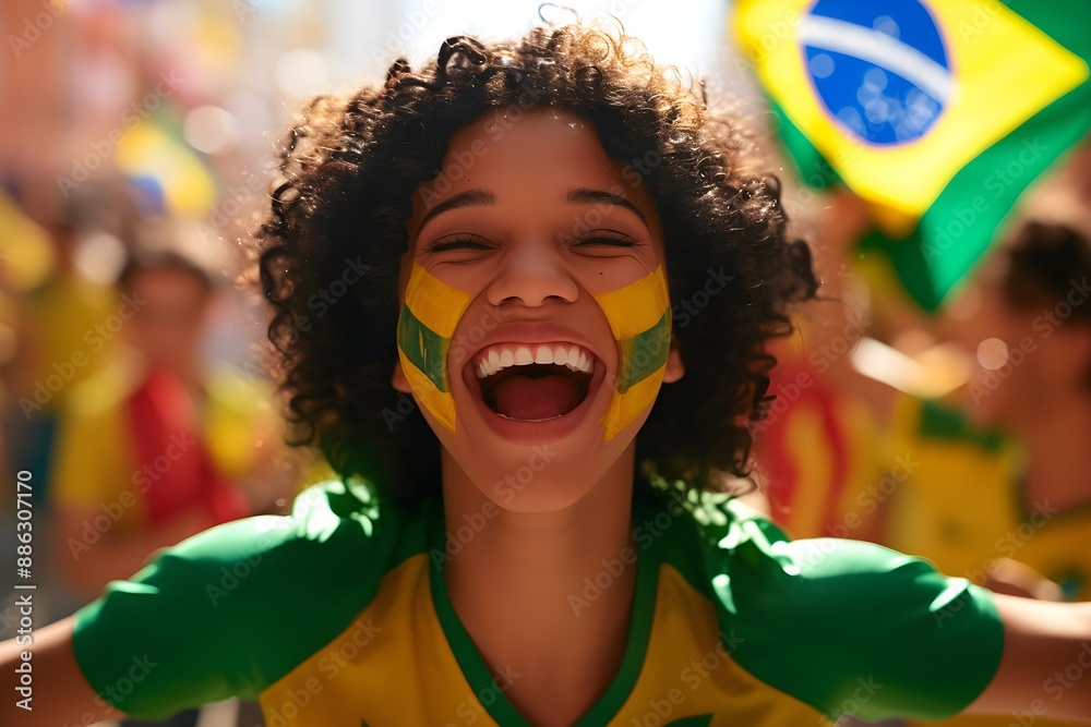 Happy young girl football fan celebrating her team victory. Latino ...