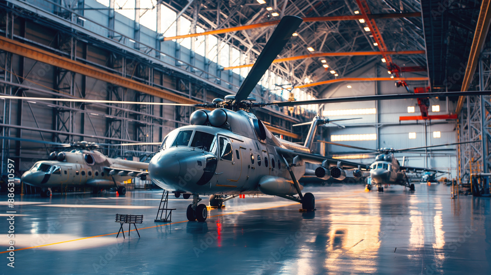 Military helicopters parked inside a large industrial hangar with ...