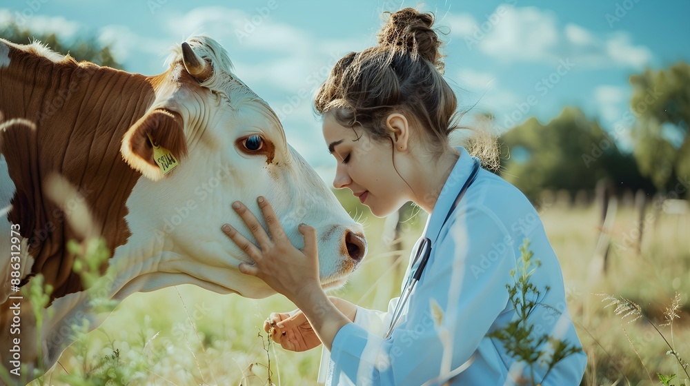 Young veterinarian woman taking care of the health of a cow in a farm ...